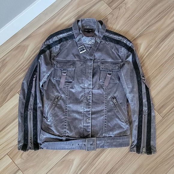 bebe | Jackets & Coats | Bebe Metallic Moto Sportystriped Denim Jacket ...